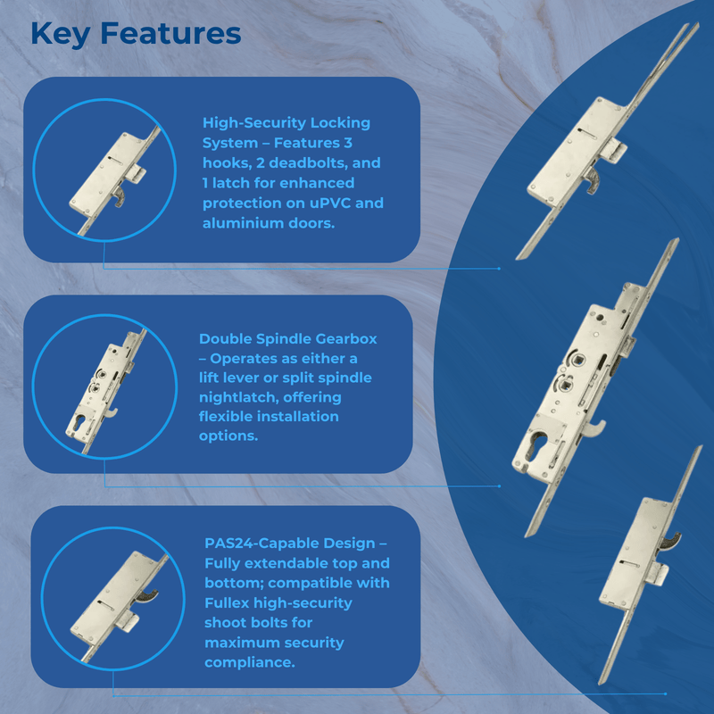 Fullex XL Double Spindle Multipoint Door Lock – 2 Deadbolts, 3 Hooks ...